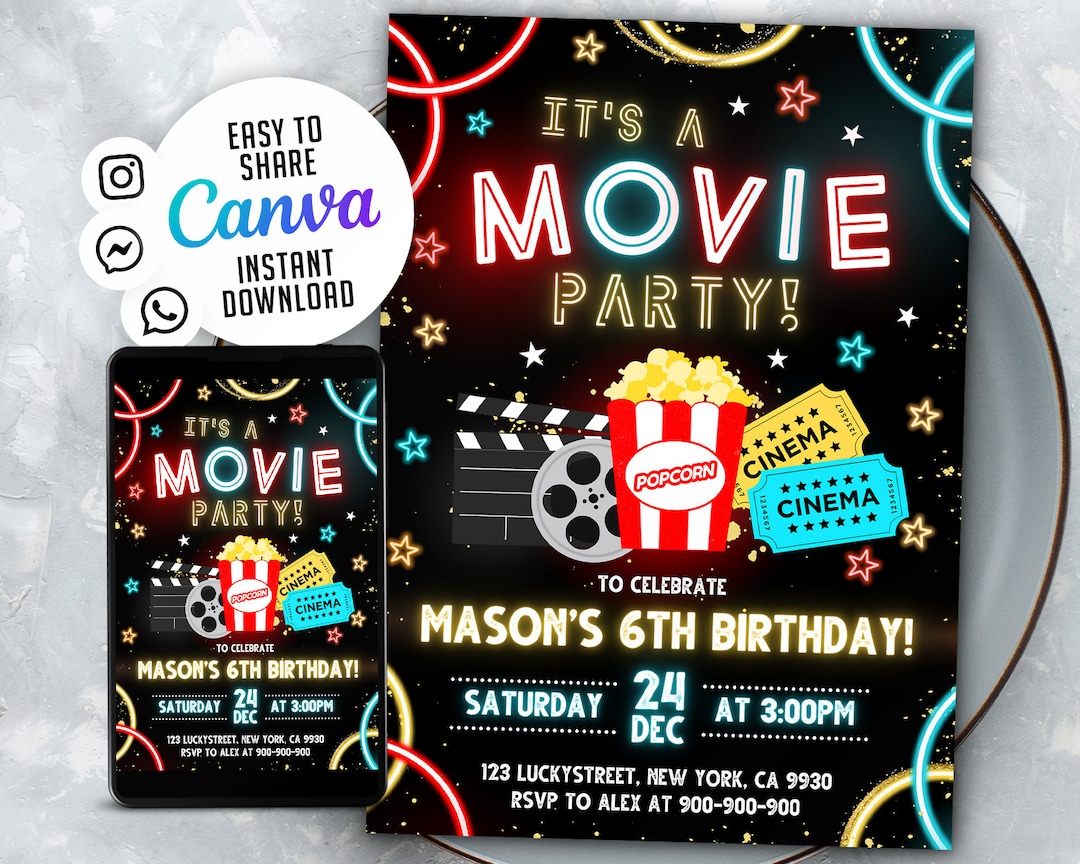 Movie Birthday Invitation, Cinema Birthday Invites, Backyard Invitation ...