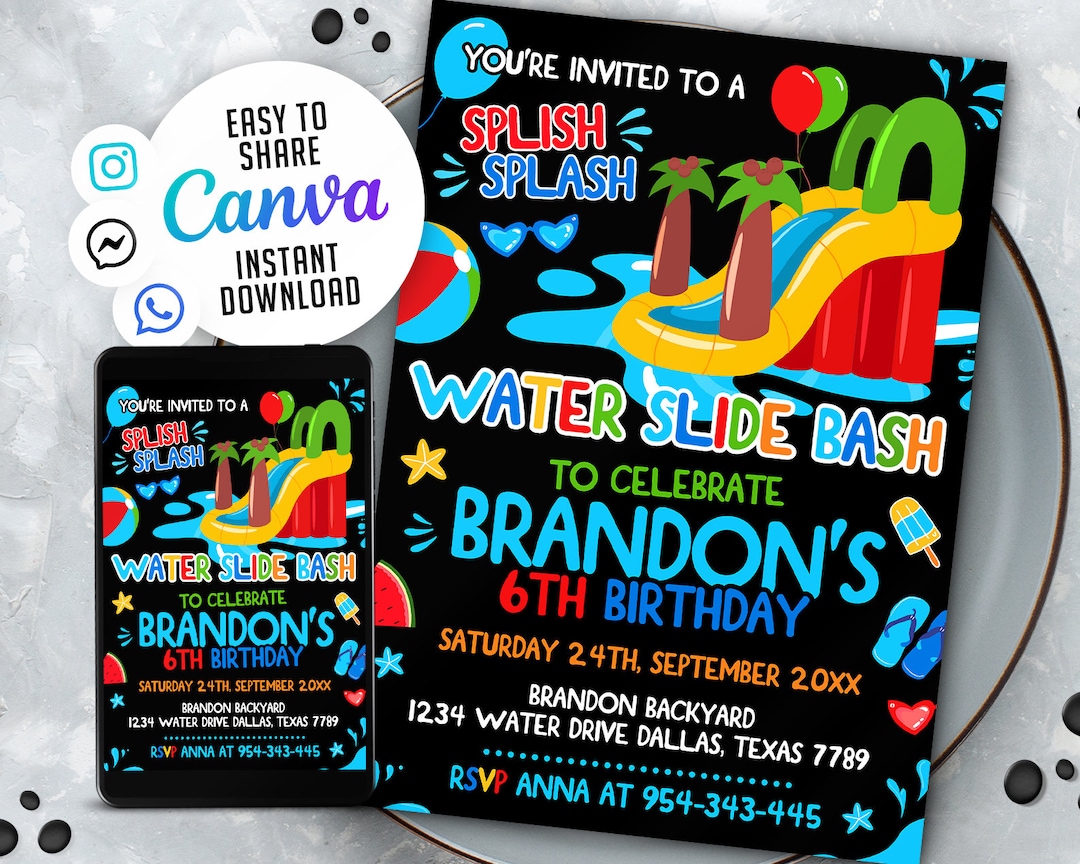 Editable Water Slide Birthday Splash Party Invitation, Boy, Girl, Slide ...