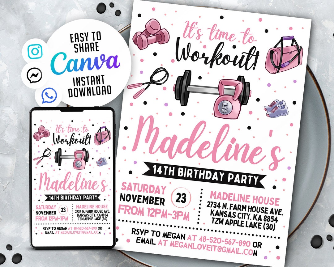 Fitness Girl Invitation, Gym Girl Birthday Invitation, 5x7 Editable ...