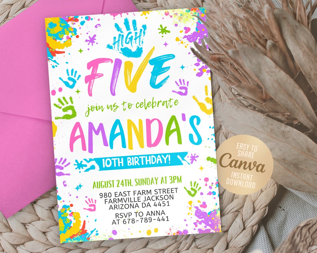 Girl High Five Invitation, Editable Confetti 5th Birthday Invite ...