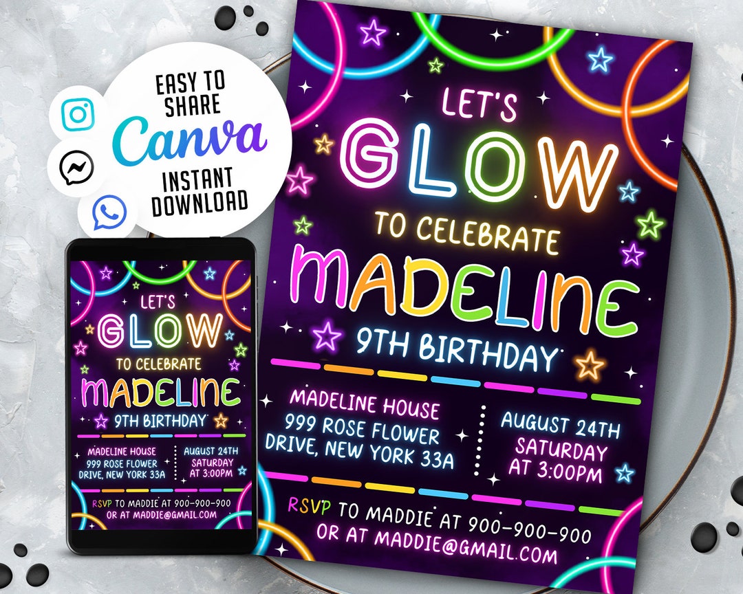 Glow Party Birthday Invitation, Glow Invitation, Girl, Boy, Neon Party ...