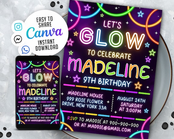 Neon Girl Birthday Invitation Custom Customize 151+ Neon Party