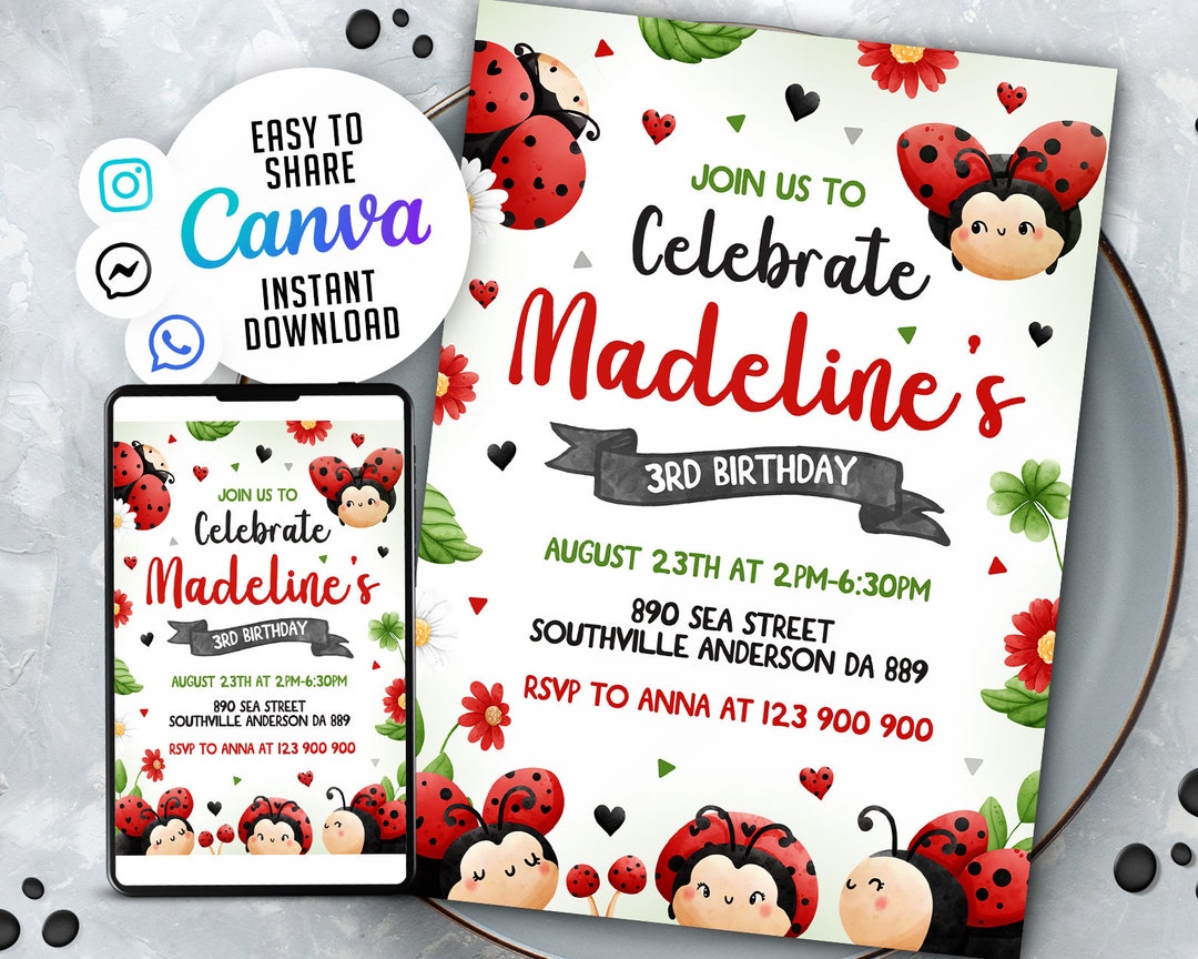 Editable Ladybug Birthday Invitation, Ladybug Invitation, Canva 5x7 ...