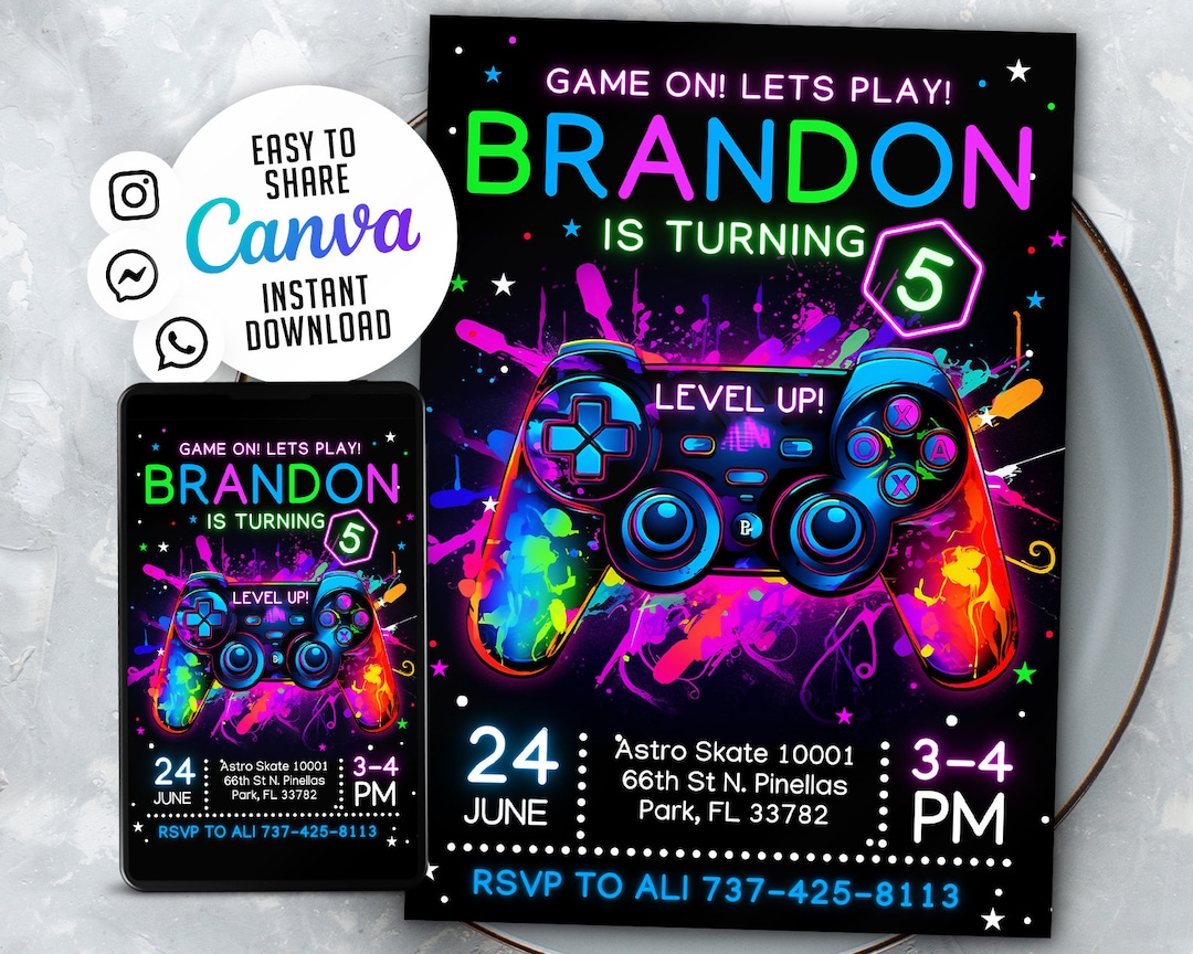 Editable Gaming Birthday Invitation, Gamer Invitation, 5x7 Editable ...
