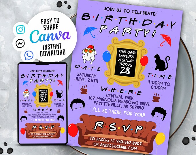 Editable FRIENDS Party Invitation Template Digital and Printable ...
