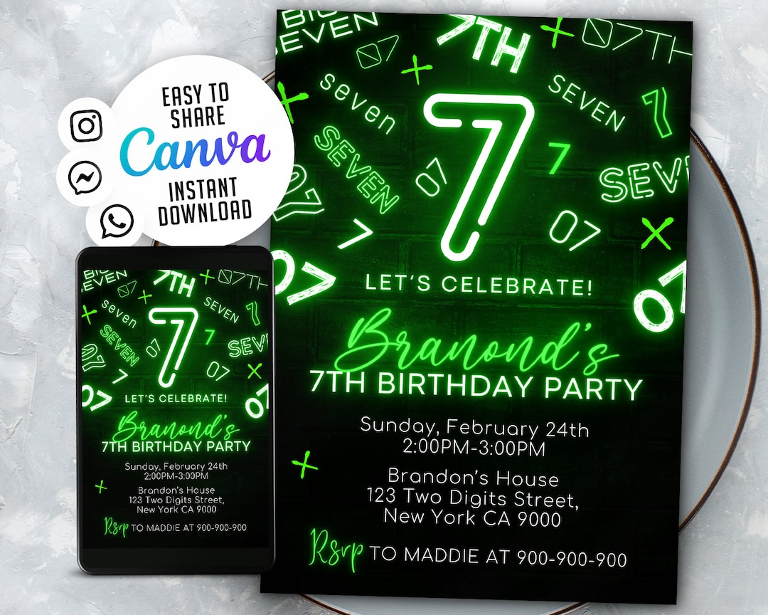 7th Neon Birthday Invitation, Boy Birthday Invitation, 5x7 Editable ...