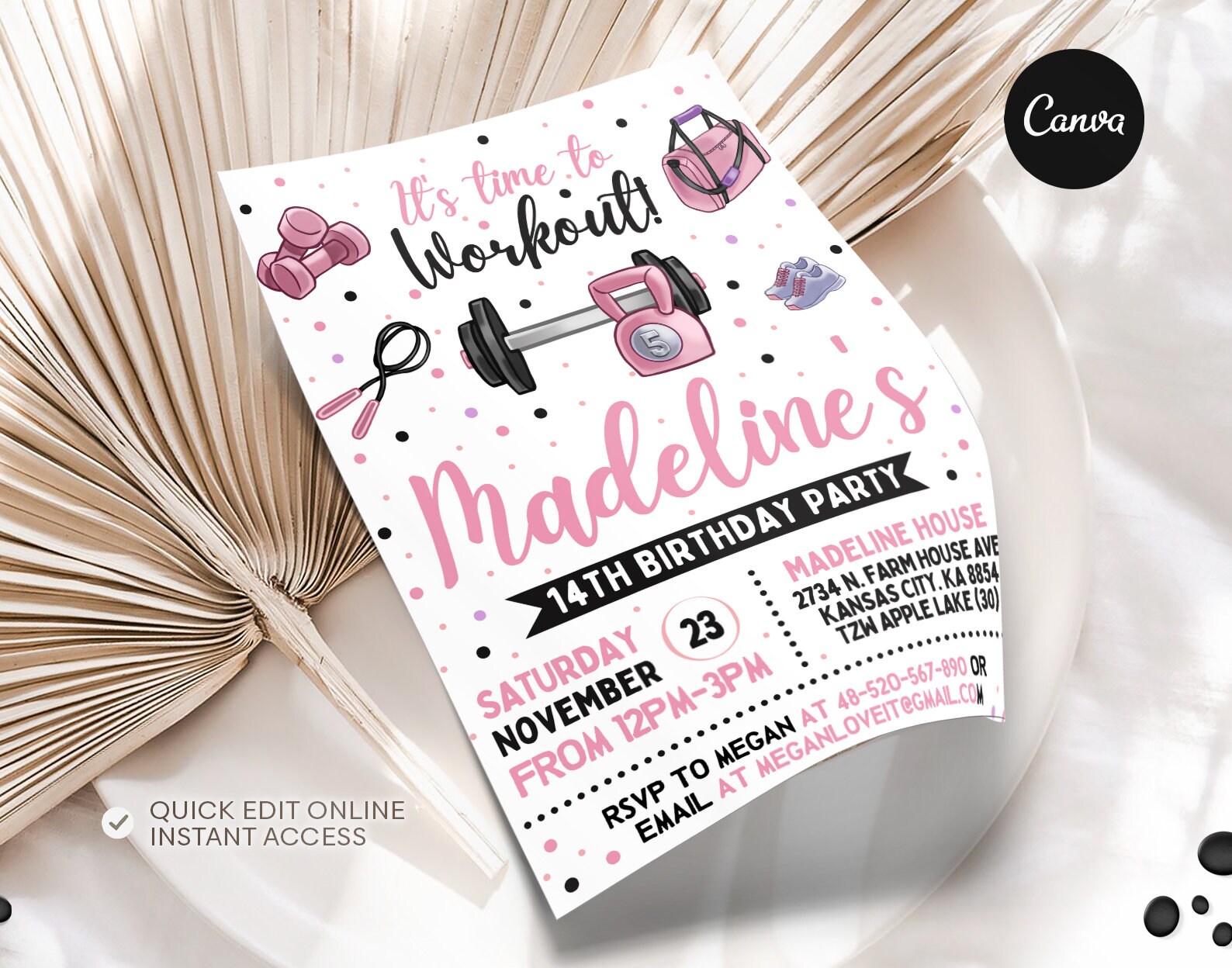 Fitness Girl Invitation, Gym Girl Birthday Invitation, 5x7 Editable ...