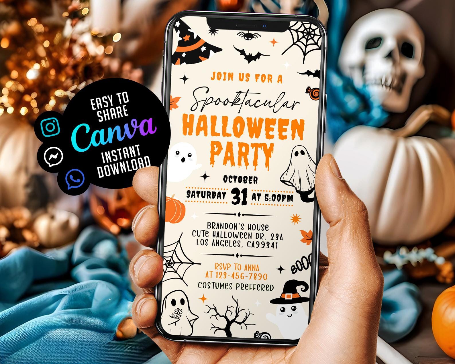 Digital Halloween Party Invitation, Phone Text Invite, Canva Template ...