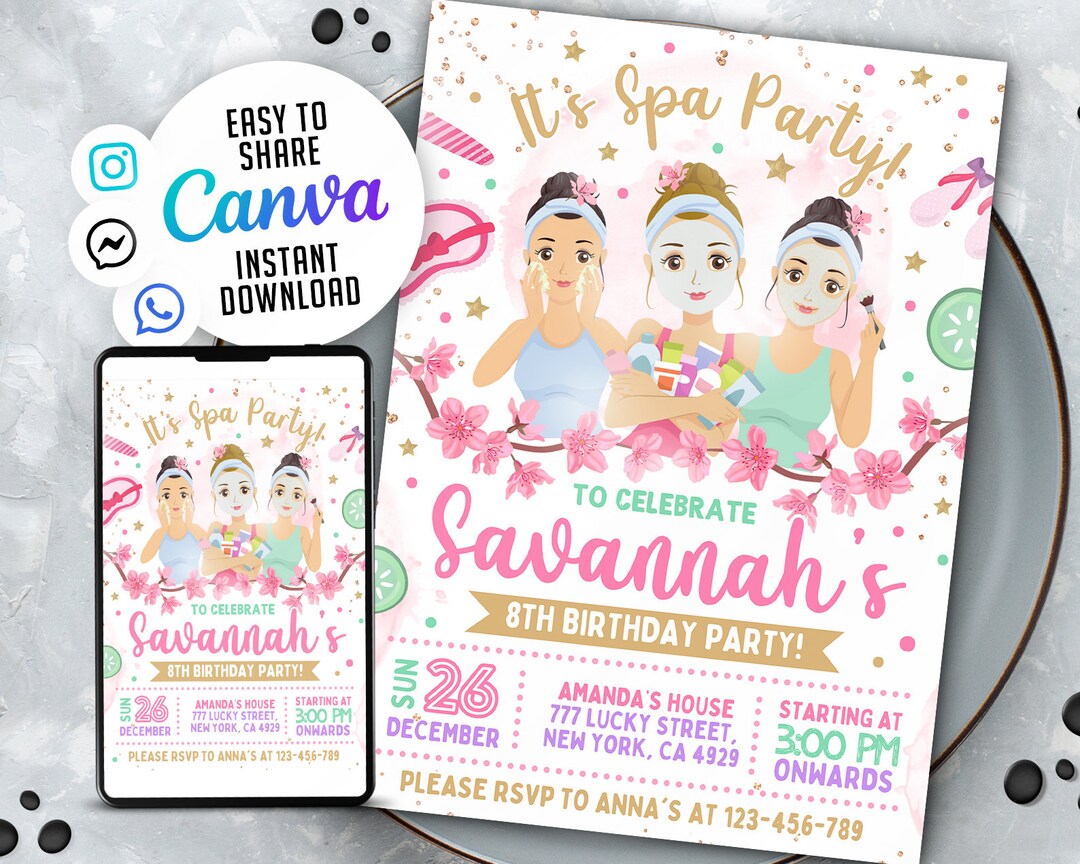 EDITABLE Spa Party Invitation, Pamper Party Invite Template, Tween ...