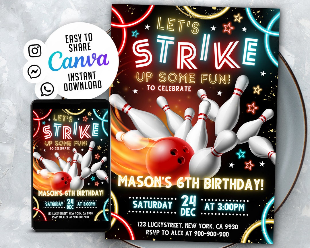 EDITABLE Bowling Party Invitation, Editable Bowling Birthday Invitation ...
