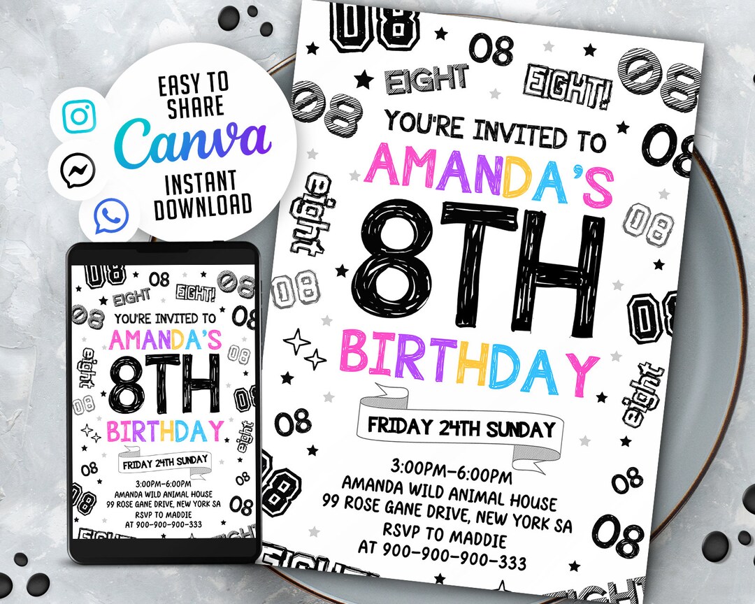 8th Girl Birthday Invitation, Girl Birthday Invites, 8th Invitation ...