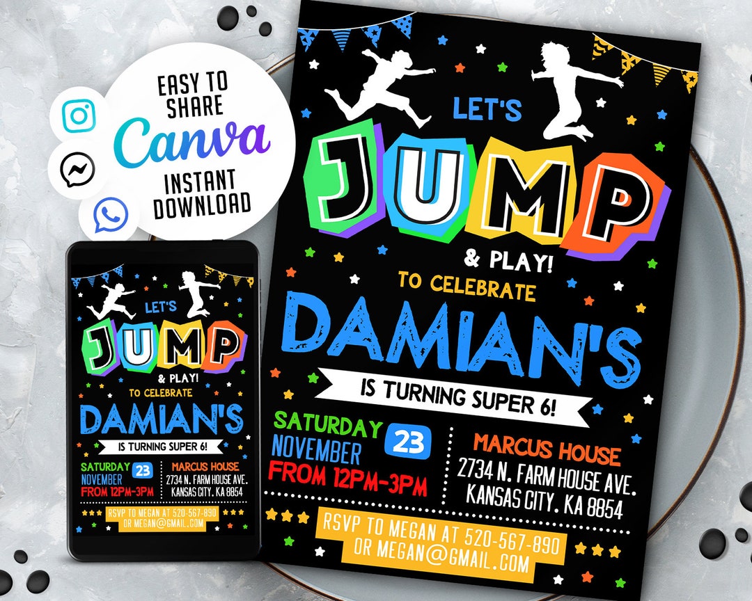 Editable Jump Birthday Invitation, Trampoline Jump Invitation, 5x7 ...