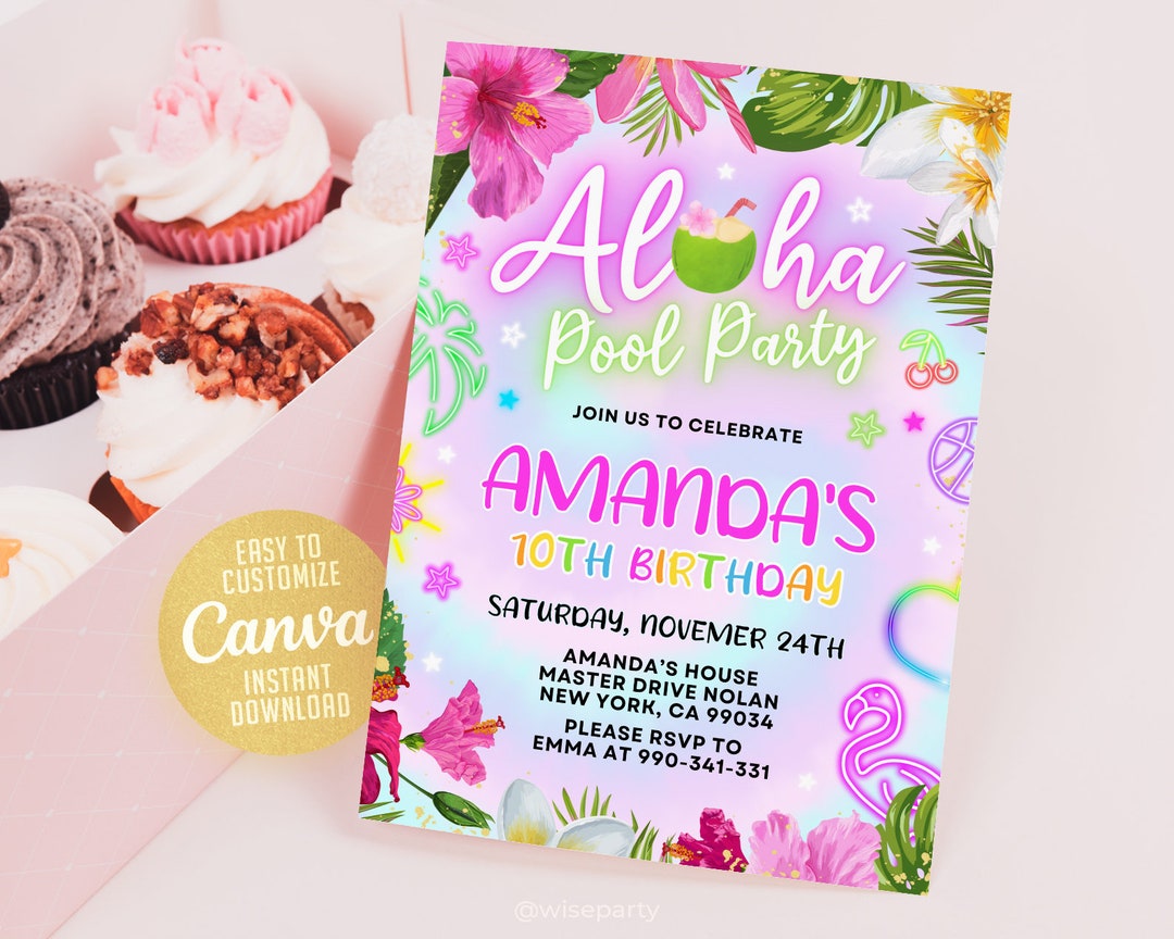 Aloha Pool Party Invitation, Hawaiian Birthday Invite, Tropical ...