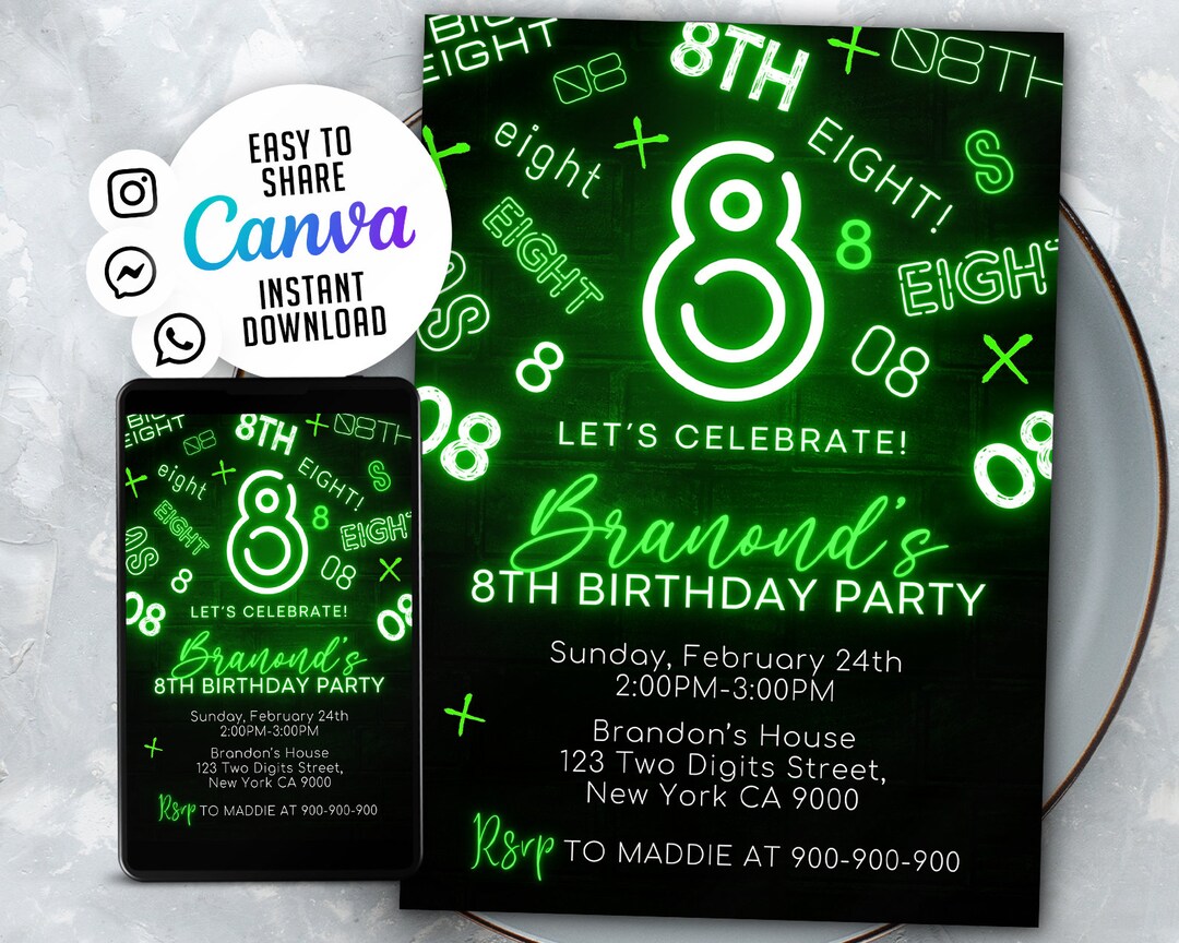 8th Neon Birthday Invitation, Boy Birthday Invitation, 5x7 Editable ...