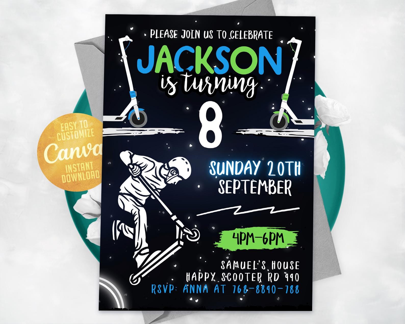 Scooter Birthday Invitation Template, Editable Canva Party Invite (5x7 ...