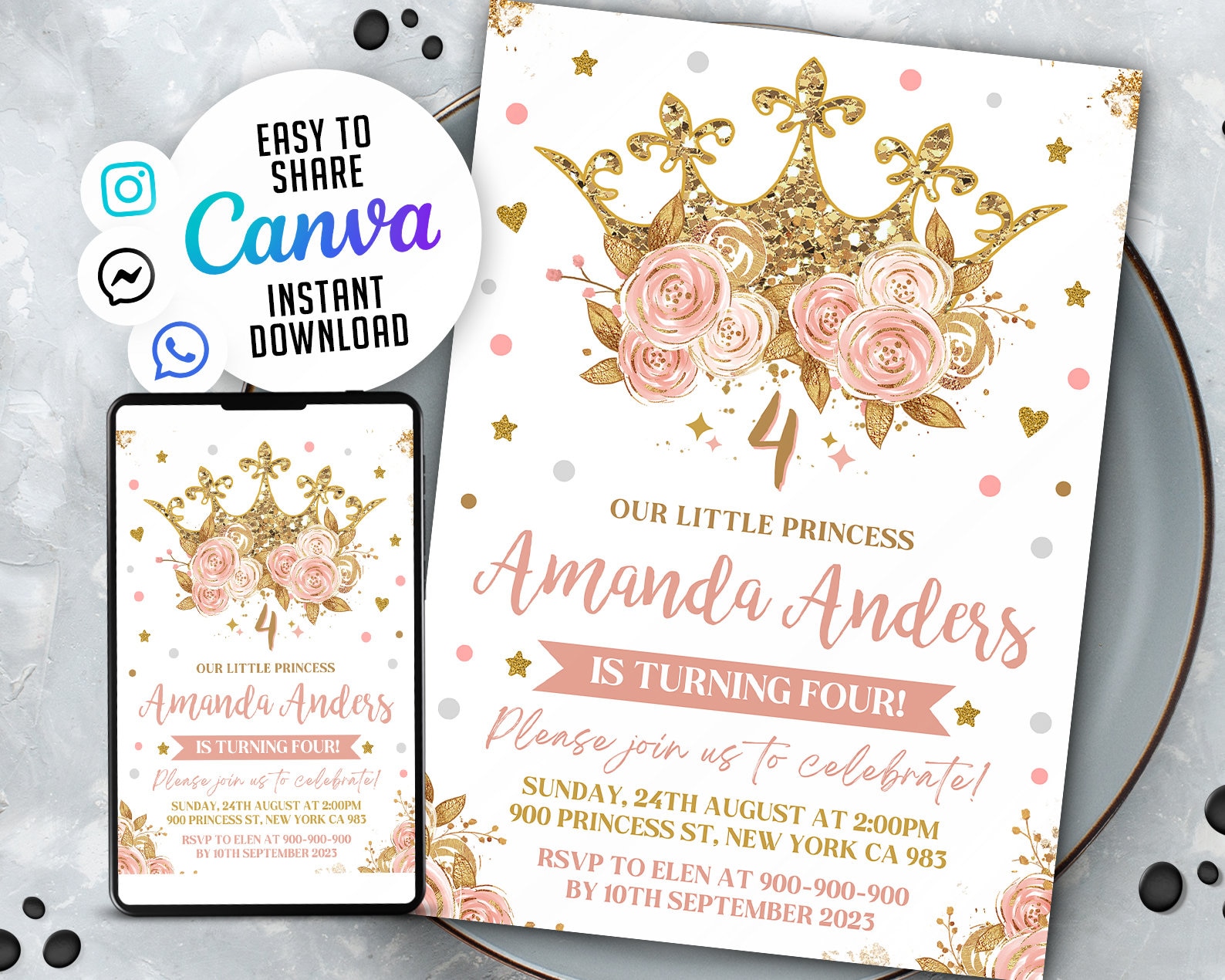 Princess Crown Birthday Invitation Blush Pink Gold Floral - Etsy Princess Crown Birthday Invitation Blush Pink Gold Floral - Etsy