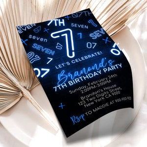 7th Neon Birthday Invitation, Boy Birthday Invitation, 5x7 Editable ...
