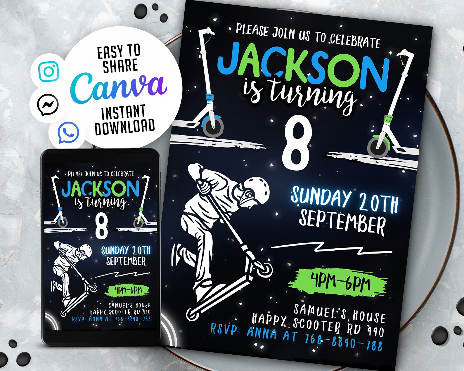 Scooter Birthday Invitation Template, Editable Canva Party Invite (5x7 ...