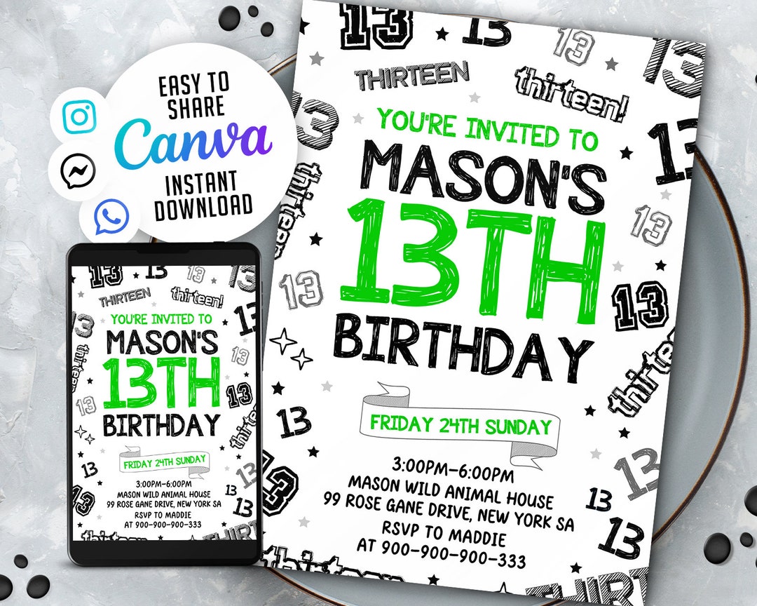 13th Boy Birthday Invitation, Editable Template, 13 Bday Invites, 4009 ...