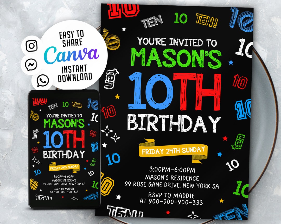 Boy Birthday Invitation, 10th Boy Birthday Invitation, Boy Birthday ...