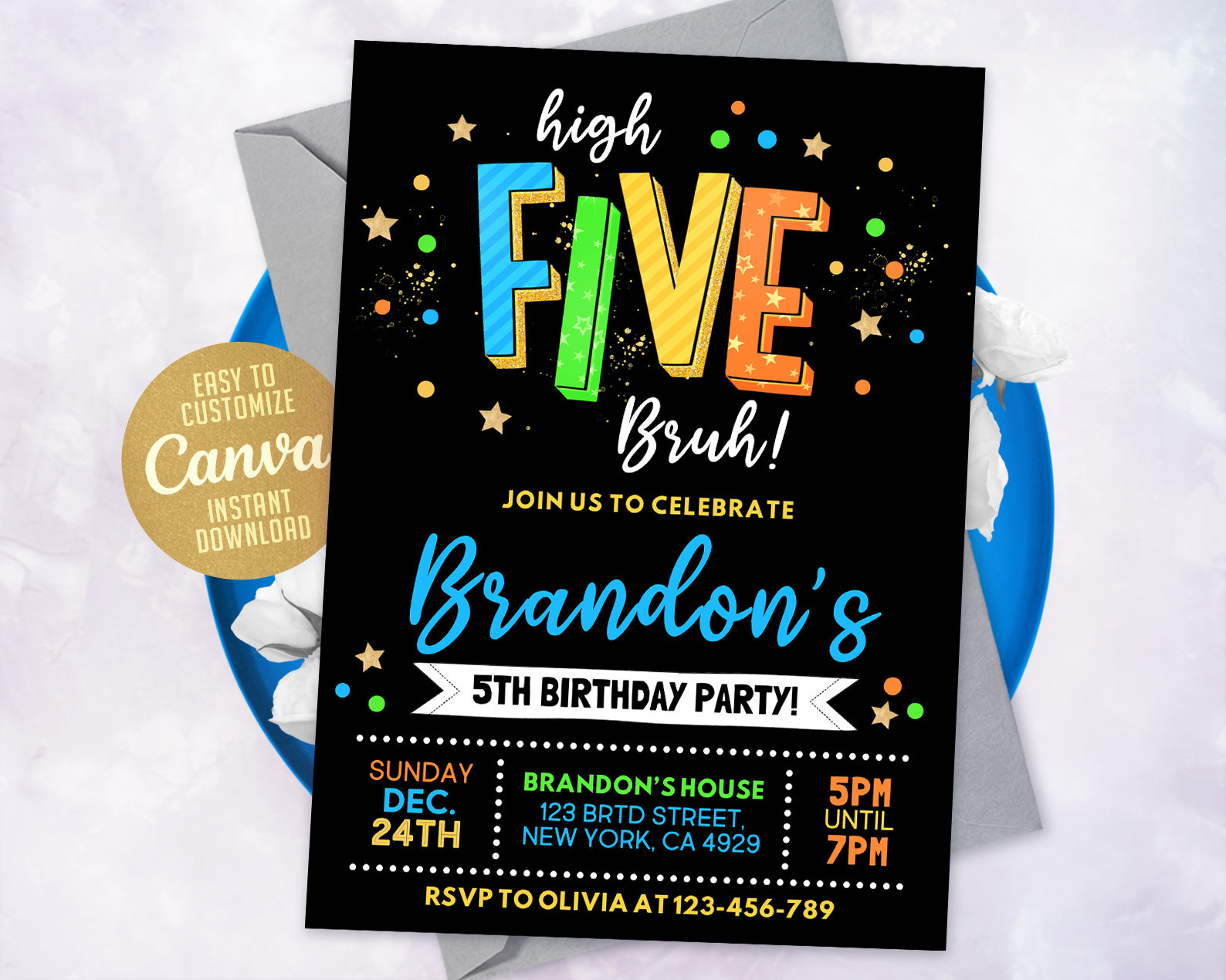 High Five Bruh 5th Birthday Invitation, Boy, Canva Template (digital ...
