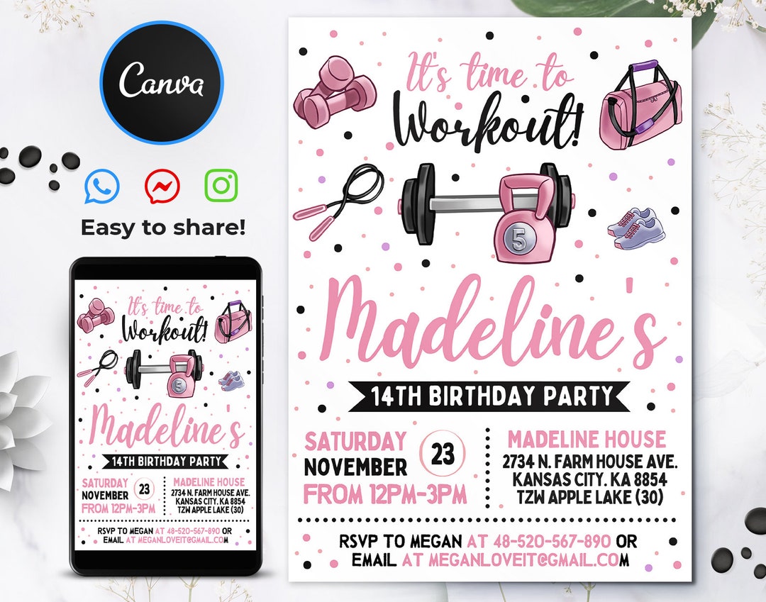 Fitness Girl Invitation Gym Girl Birthday Invitation 5x7 - Etsy