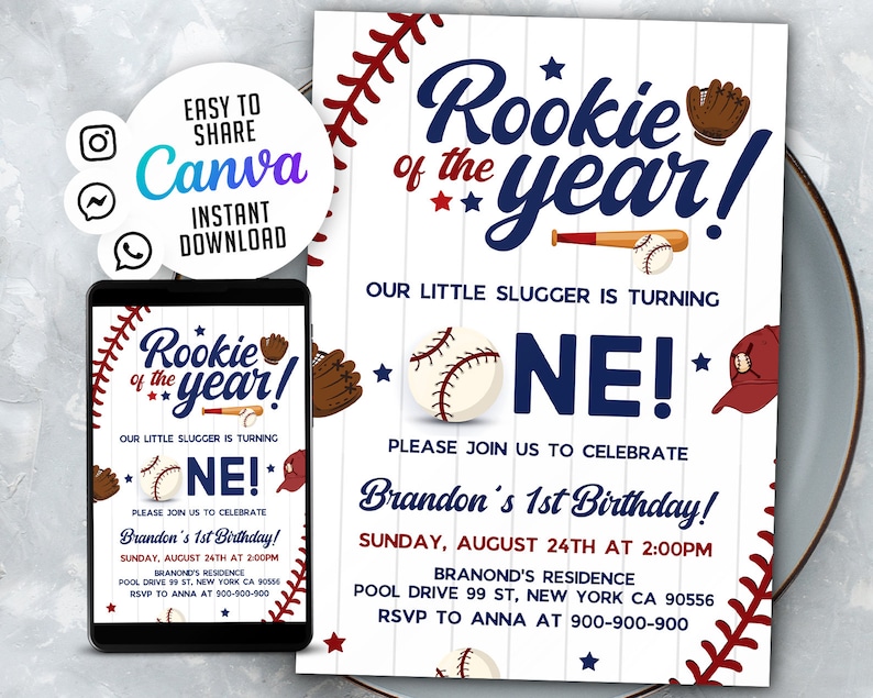 Baseball 1st Birthday Invitation, Rookie of the Year, Editable Canva ...
