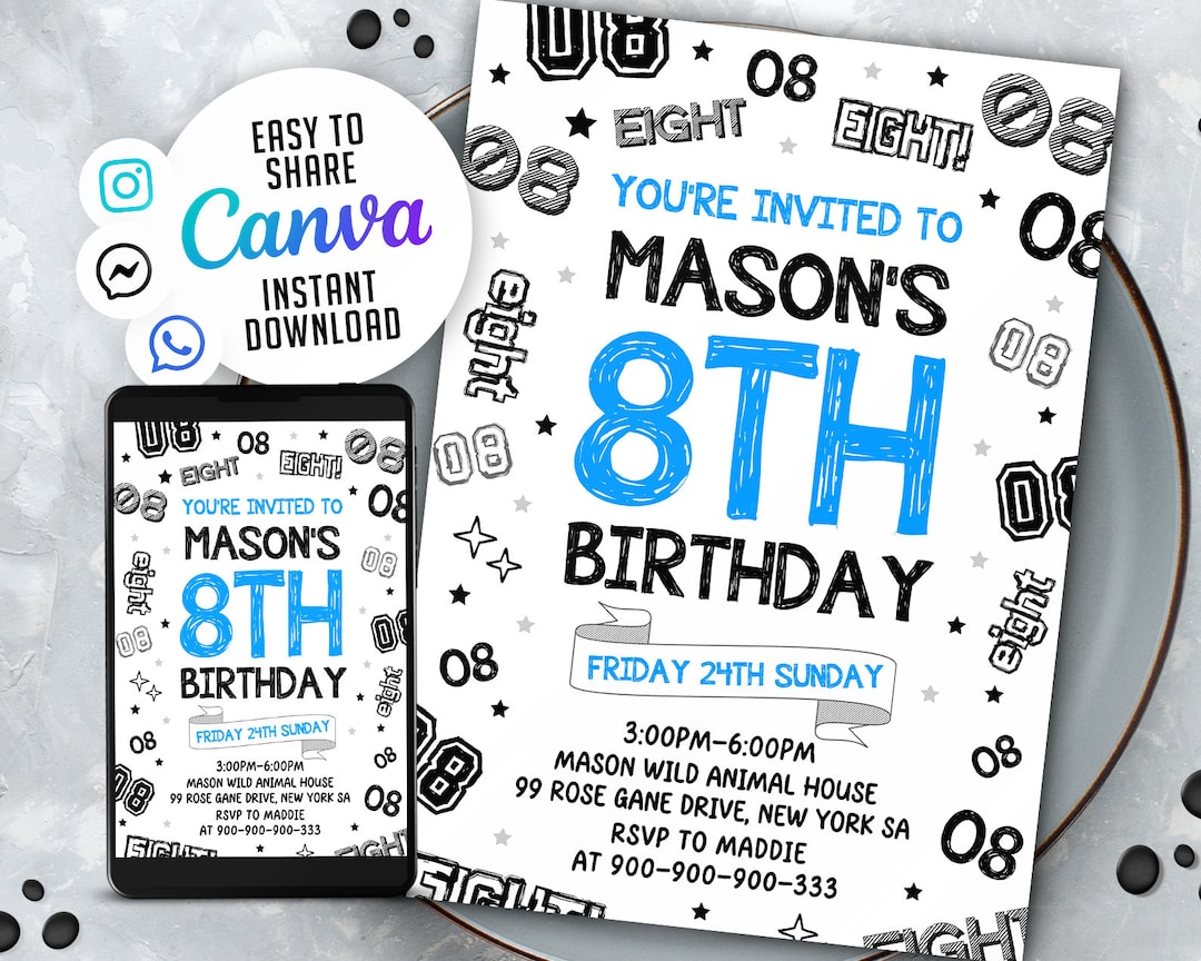 8th Boy Birthday Invitation, Boy Birthday Invites, 8th Invitation, Boy ...