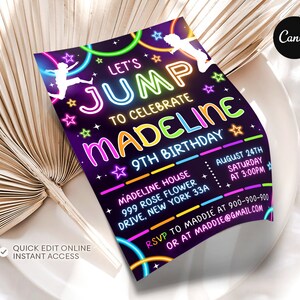 Editable Glow Jump Birthday Invitation, Trampoline Party (digital ...