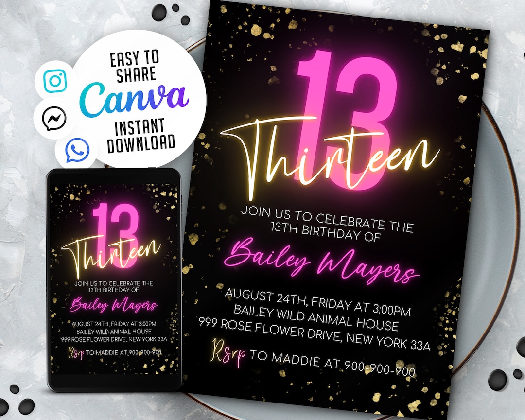 Gold Glitter 13th Birthday Invitation, Pink Neon Template (digital ...