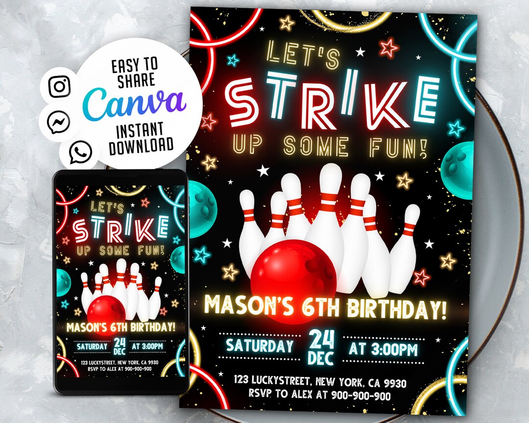 EDITABLE Bowling Party Invitation, Editable Bowling Birthday Invitation ...