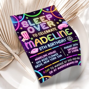 Editable Sleepover Birthday Invitation, Neon Sleepover Invite, Slumber ...