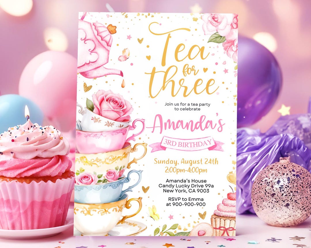 Tea for Three Birthday Invitation Tea for Three 3rd Birthday Party Pink ...