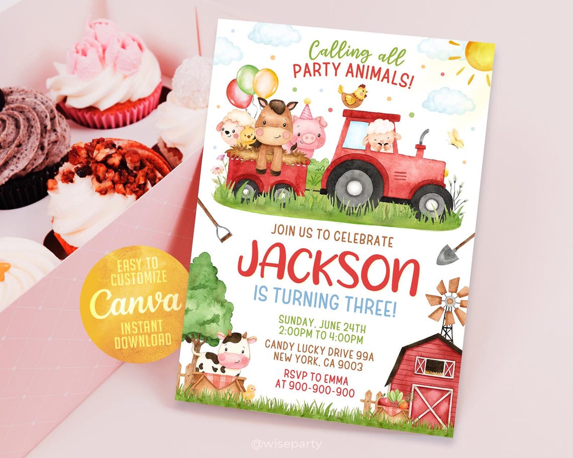 Farm Birthday Invitation, Farm Animals Party Invites, Barnyard Animals ...