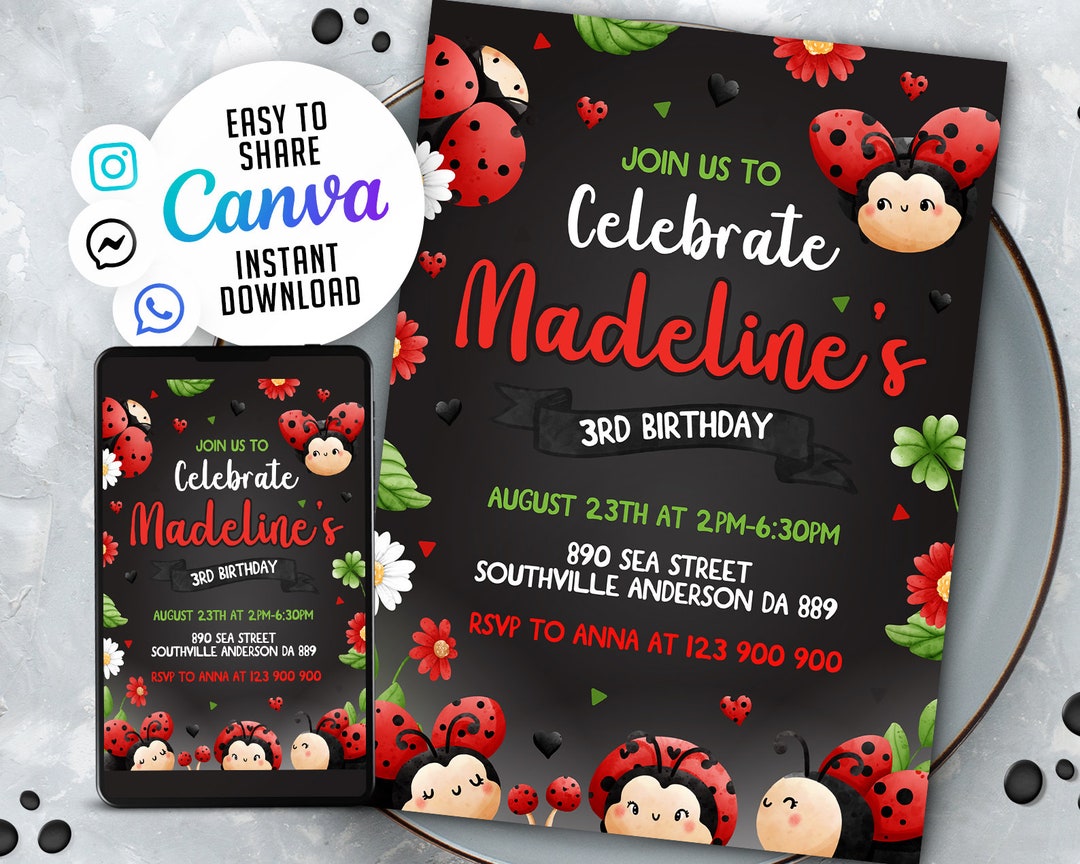 Editable Ladybug Birthday Invitation, 3rd Birthday Invitation, Ladybug ...