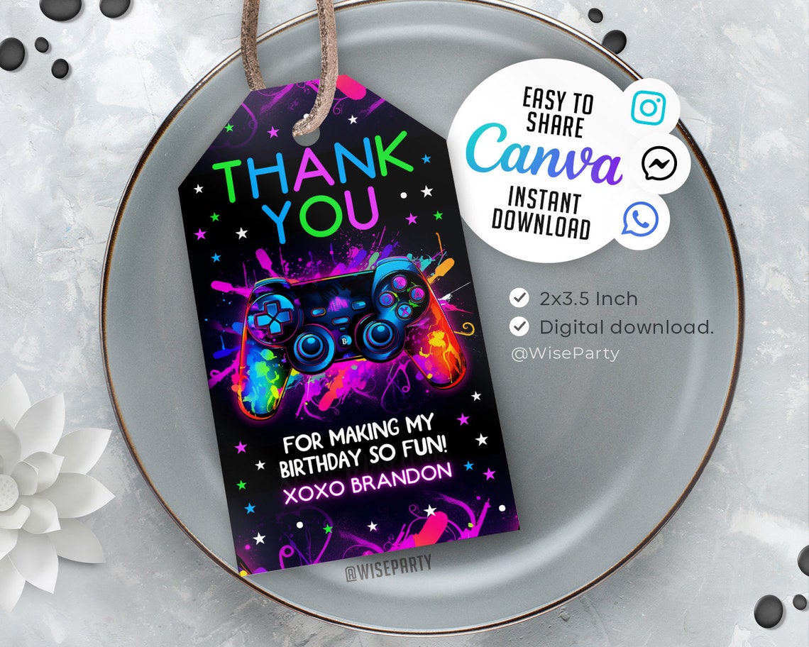 Editable Gaming Tag, Gamer Thank You Tag, Gaming Favor Tag, Canva ...