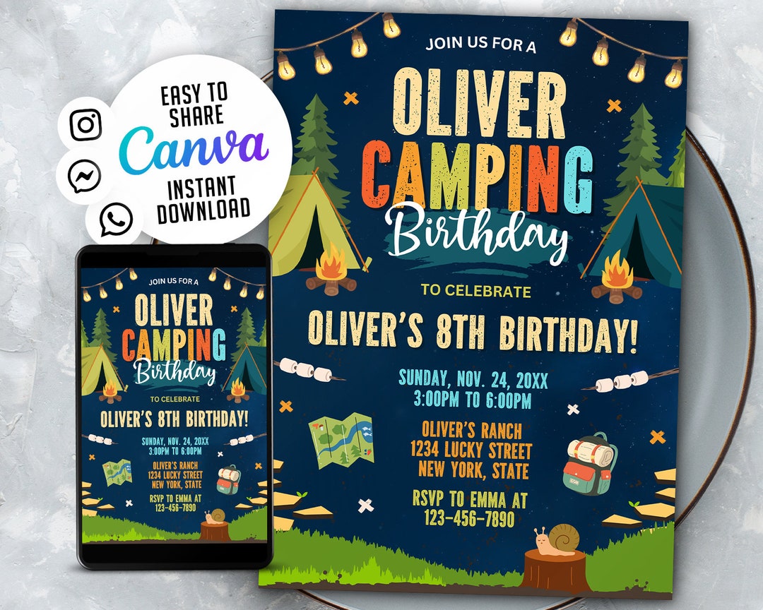 Camping Birthday Invitation, Camping Party Invite, Boy Campout, Smores ...
