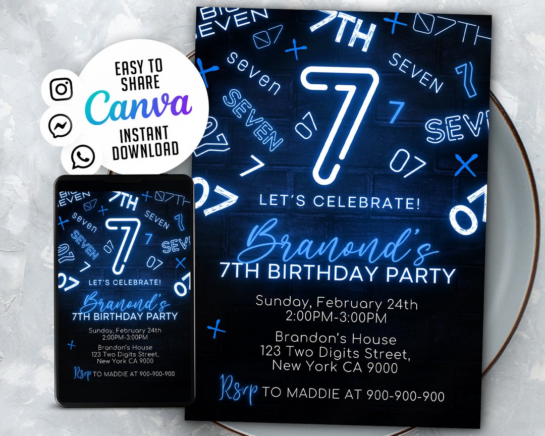 7th Neon Birthday Invitation, Boy Birthday Invitation, 5x7 Editable ...