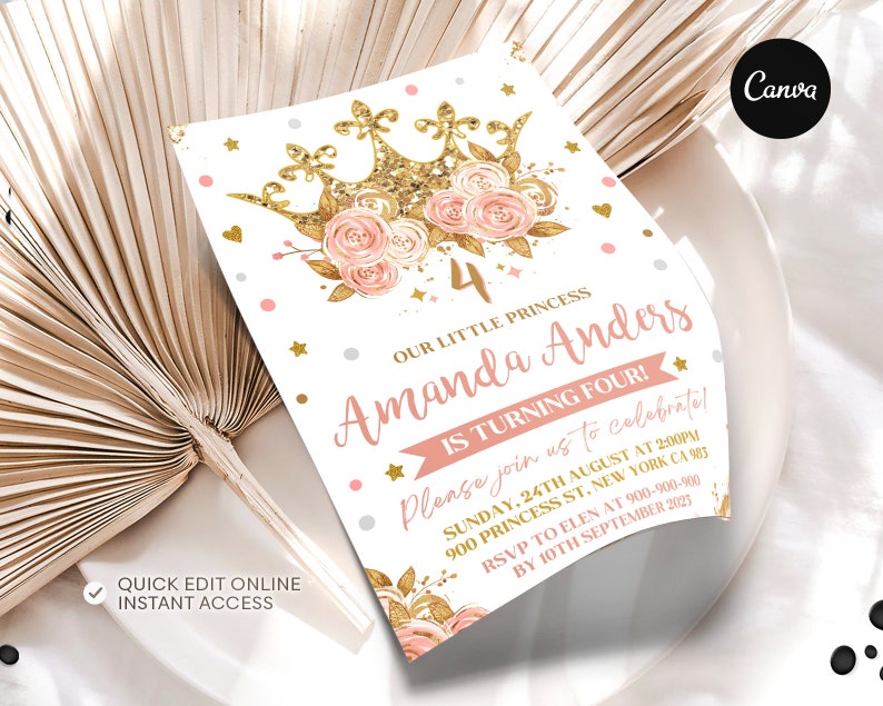 Princess Crown Birthday Invitation Blush Pink Gold Floral - Etsy Princess Crown Birthday Invitation Blush Pink Gold Floral - Etsy
