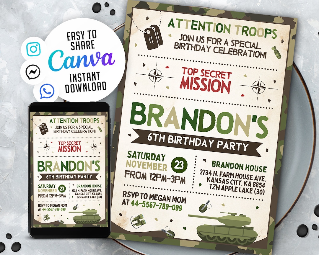 EDITABLE Army Invitation, Soldier Birthday Invitation, 5x7 Editable ...