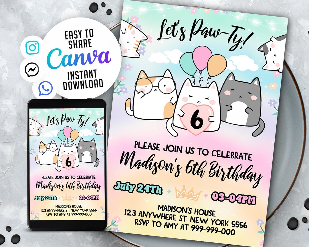 Cat Birthday Invitation, Cat Theme Birthday Invitation, Paw-ty Birthday ...