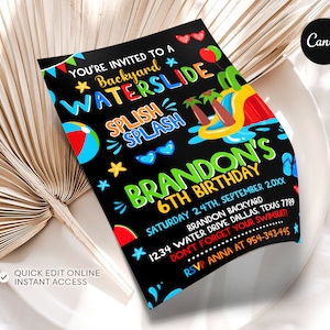 Editable Water Slide Birthday Splash Party Invitation, Boy, Girl, Slide ...