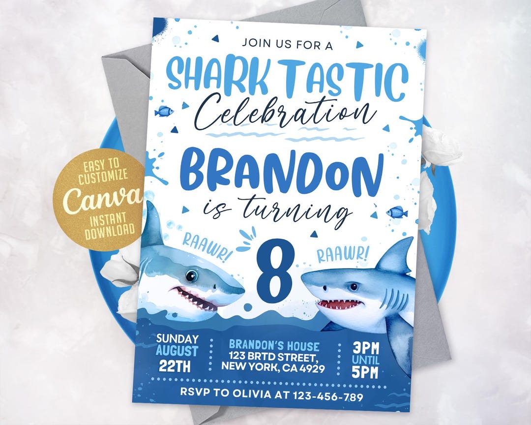 Shark Birthday Invitation, Shark Party Invites, Boy Birthday Invitation ...