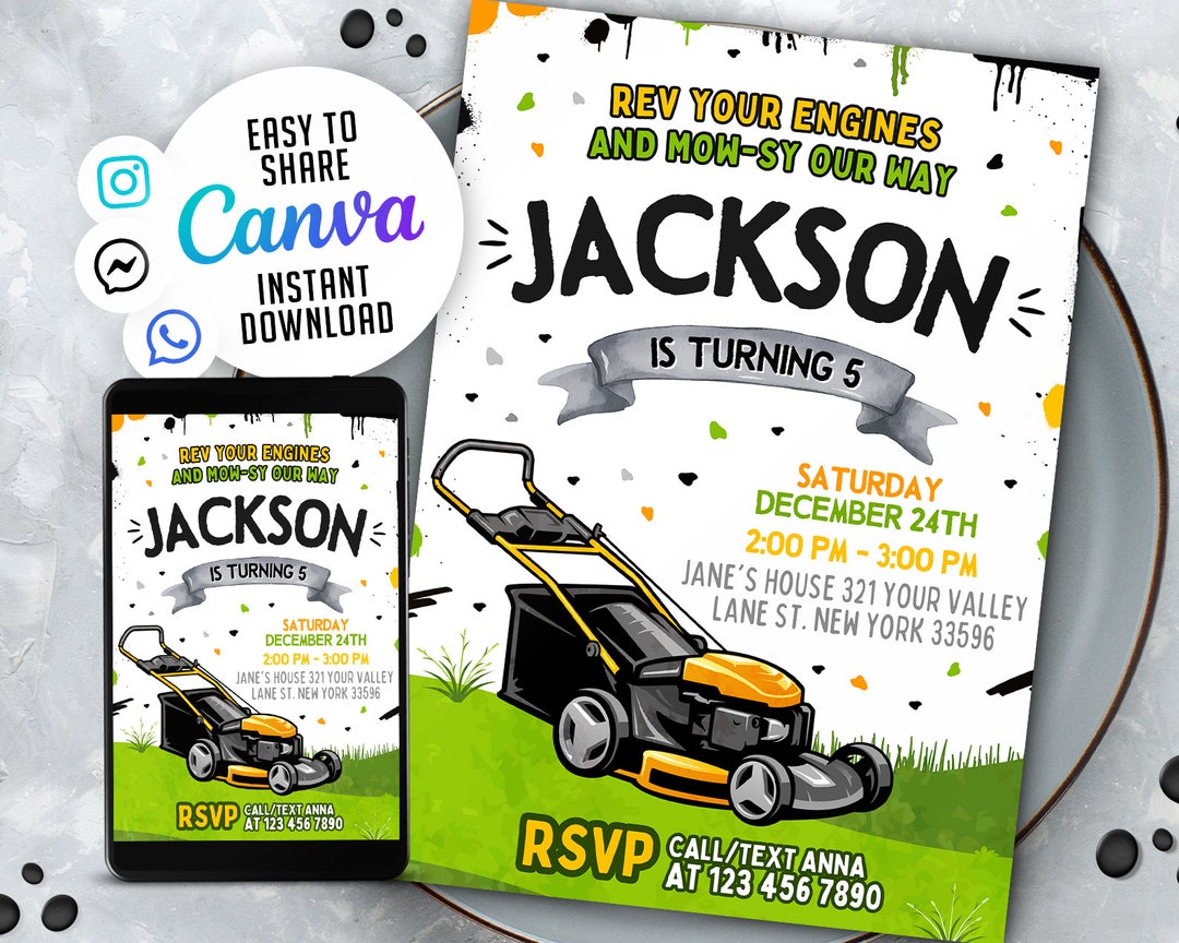 Lawnmower Invitation, Lawn Mower Invitation, Instant Download Lawnmower ...