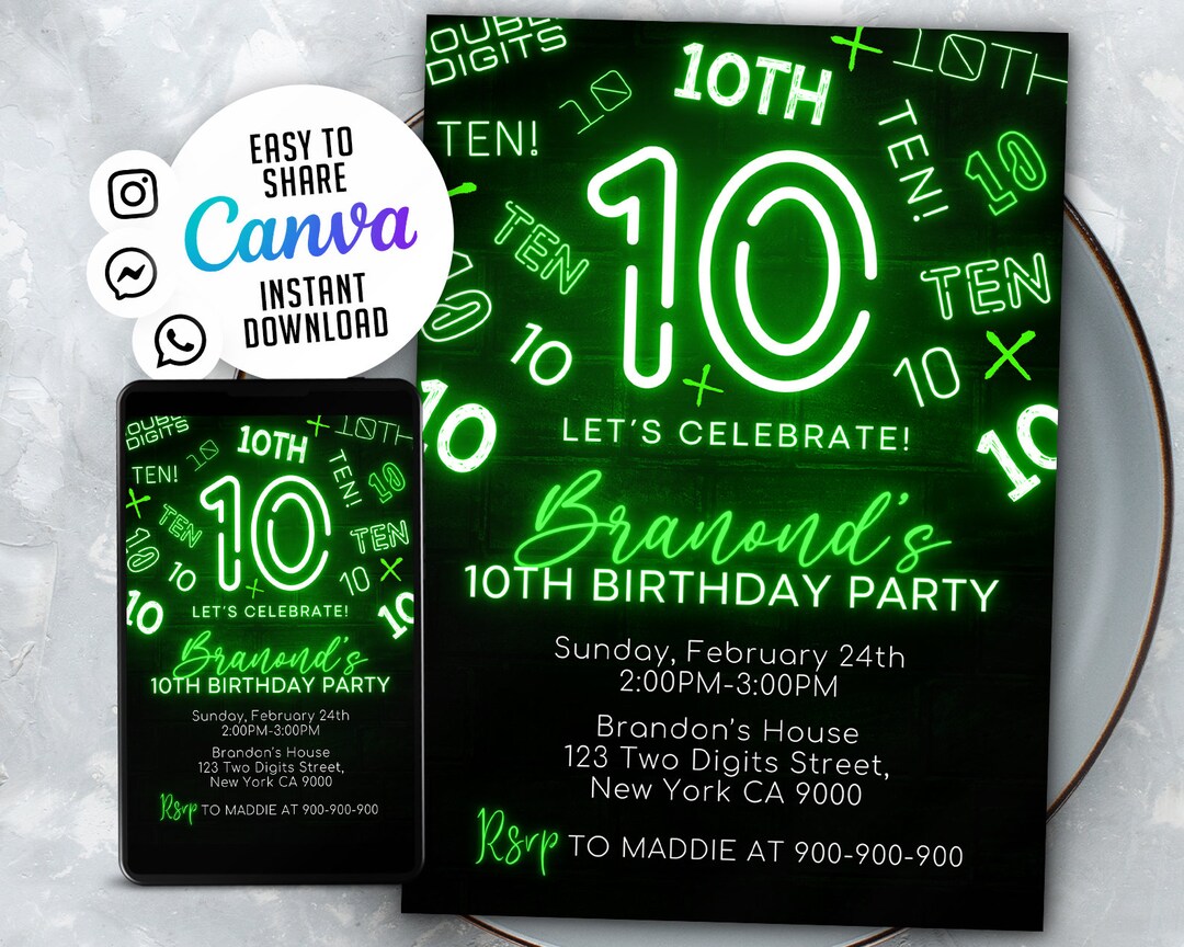 10th Neon Birthday Invitation, Boy Birthday Invitation, 5x7 Editable ...