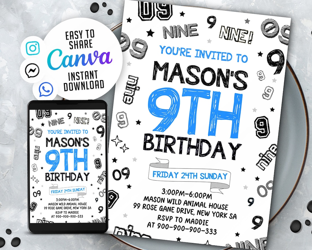 9th Boy Birthday Invitation, Boy Birthday Invites, Instant Download Boy ...