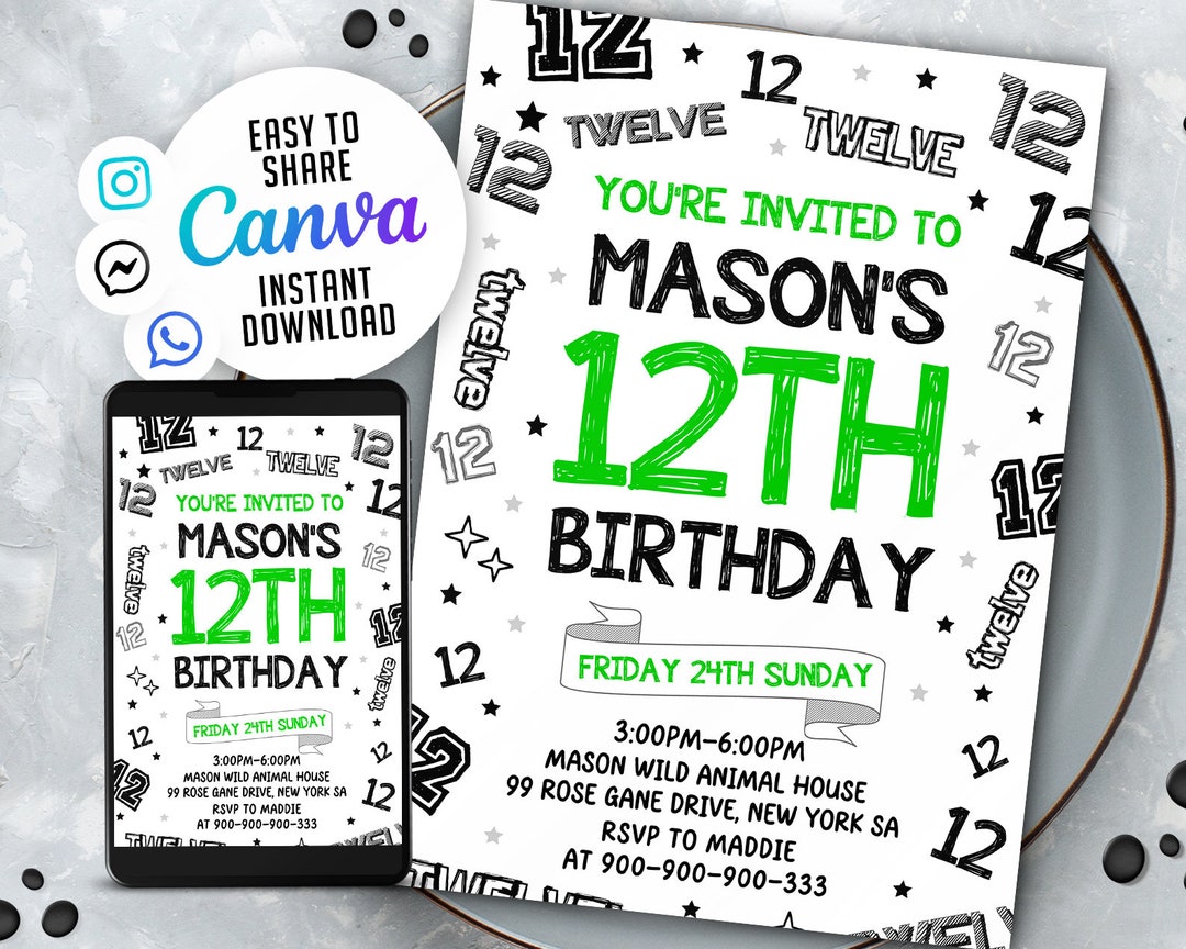 12th Boy Birthday Invitation, Boy Birthday Invites, Instant Download ...