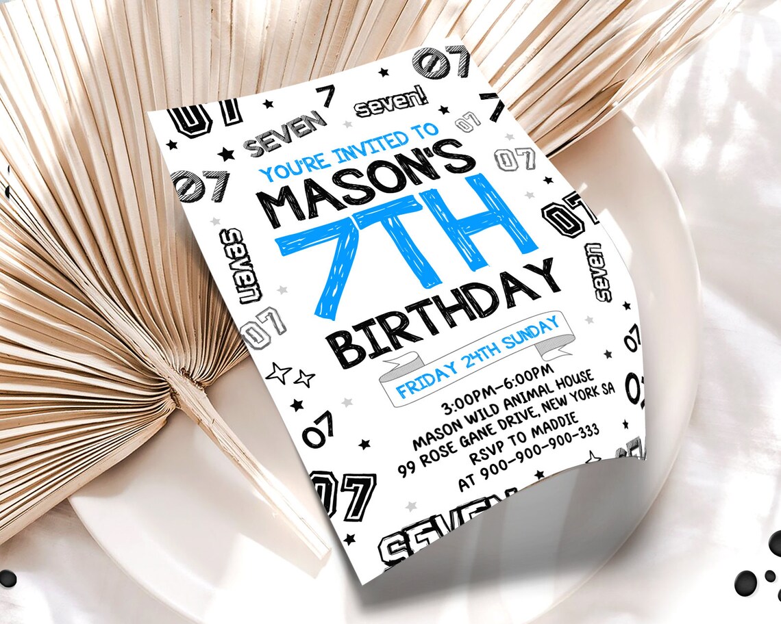 7th Birthday Invitation, Boy Number Design (digital Download) - Etsy