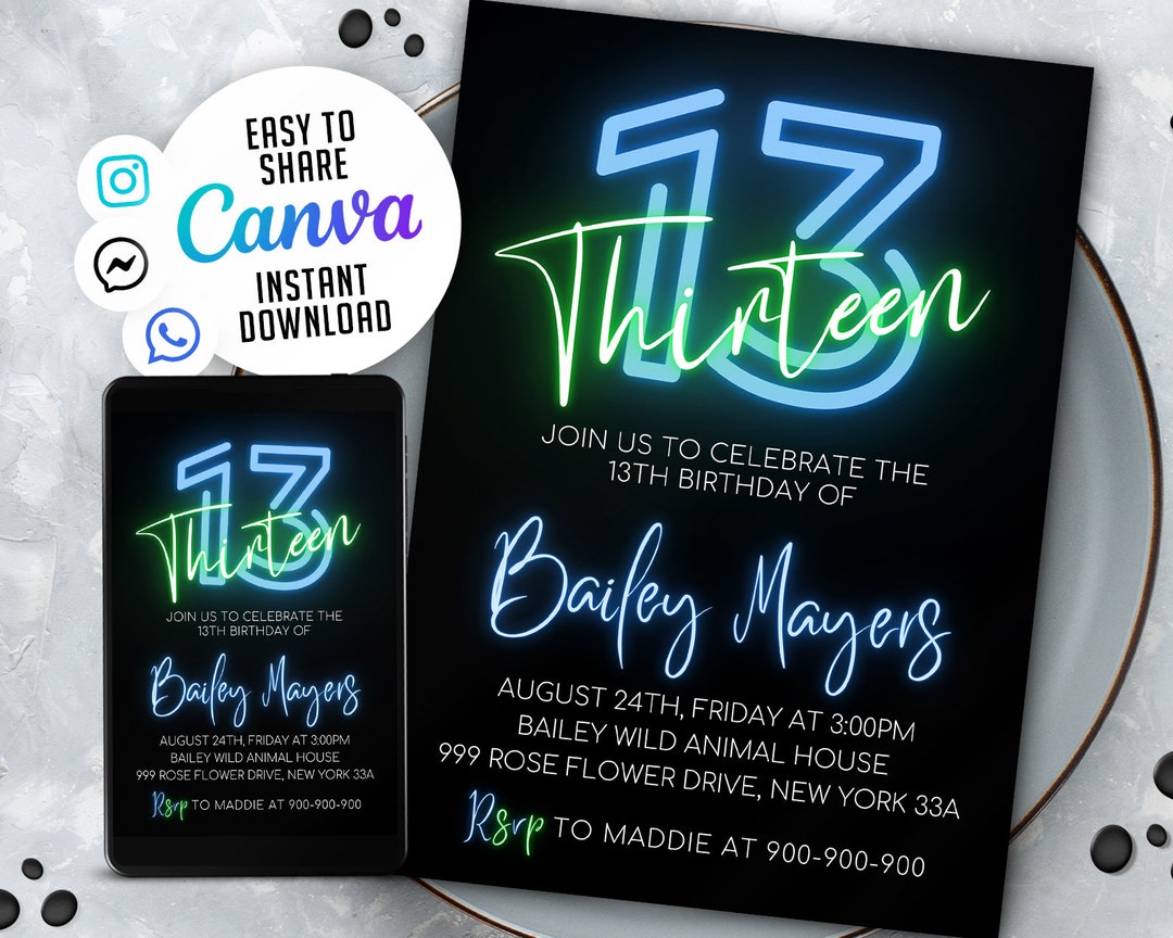 13th Birthday Invitation for Girl and Boy, Neon Rainbow, Editable ...