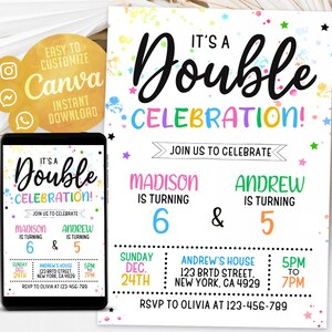 Joint Birthday Invitation, Siblings, Editable Canva Template (digital ...